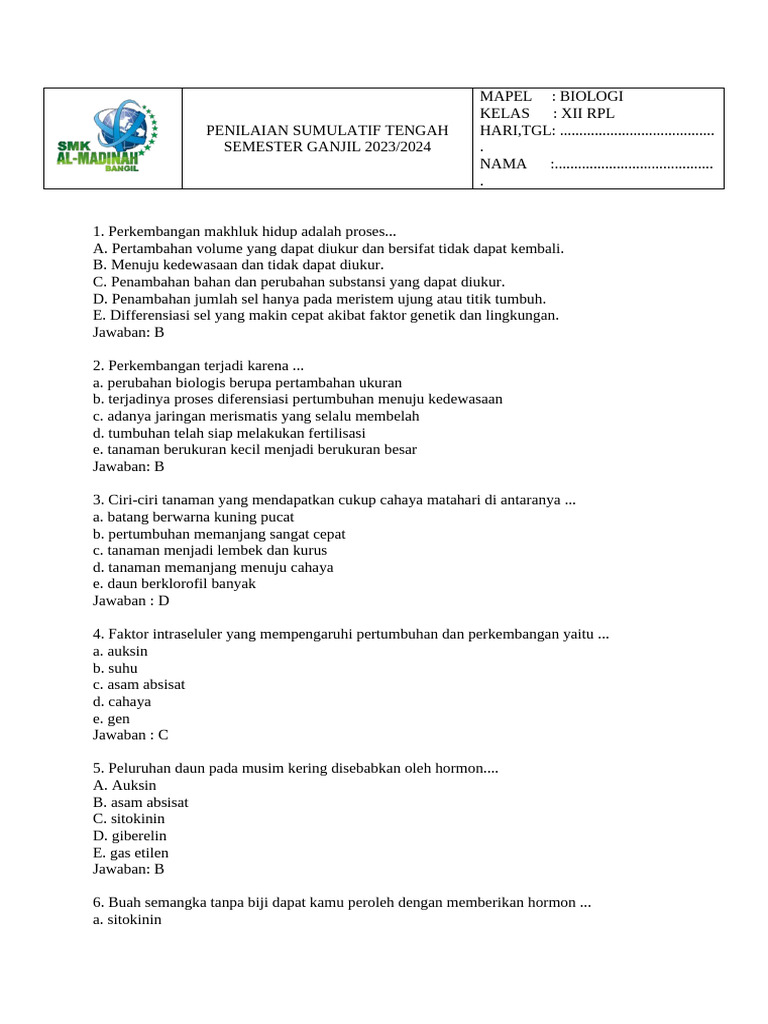 Soal PTS Ganjil Biologi Kls XII 2023-2024 | PDF