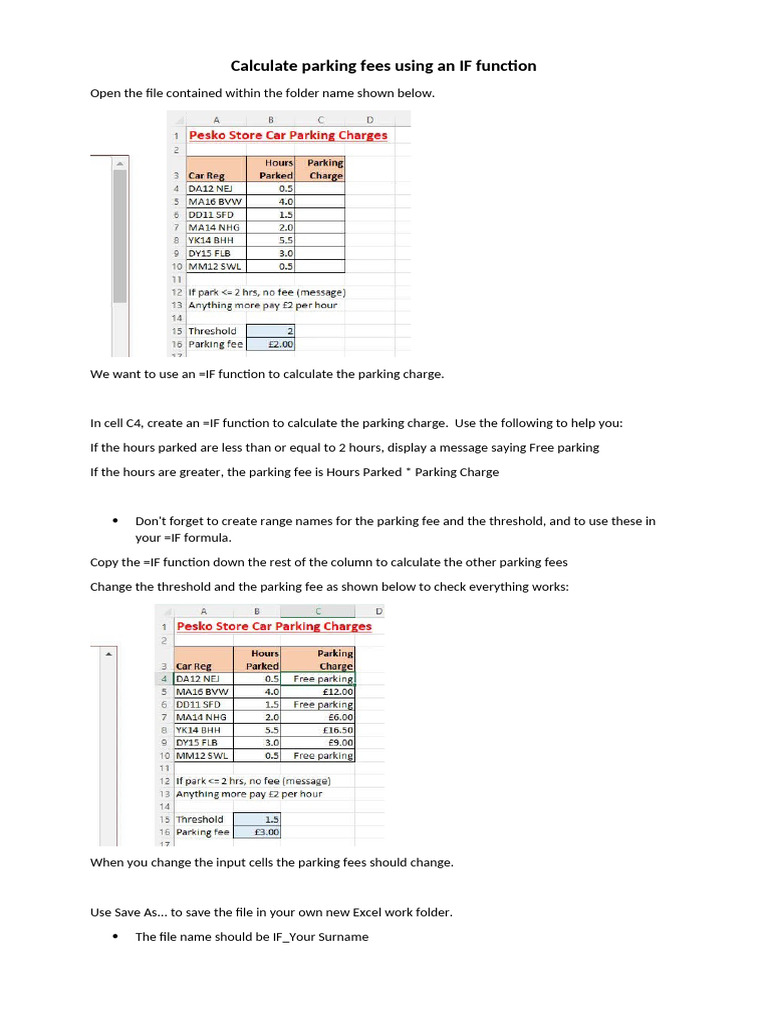 Calculate Parking Fees Using An If Function | PDF