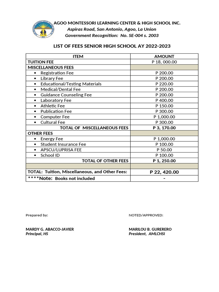 SHS List of Fees 2022 2023 | PDF