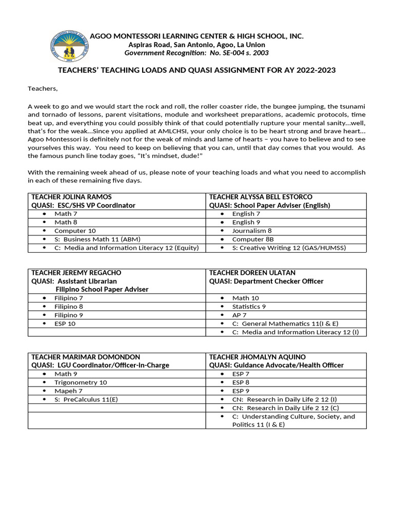Teachers Loads With First Academic Task | PDF