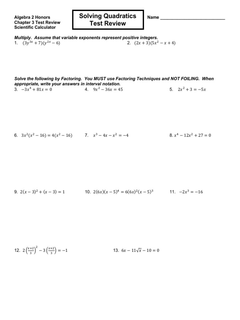 Chapter 3 - Solving Quadratics - Test Review | PDF | Quadratic Equation ...