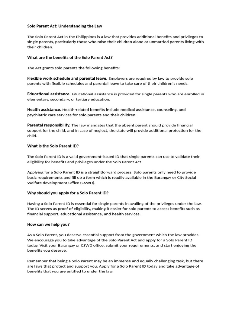 Solo Parent Act: Benefits and ID Guide | PDF