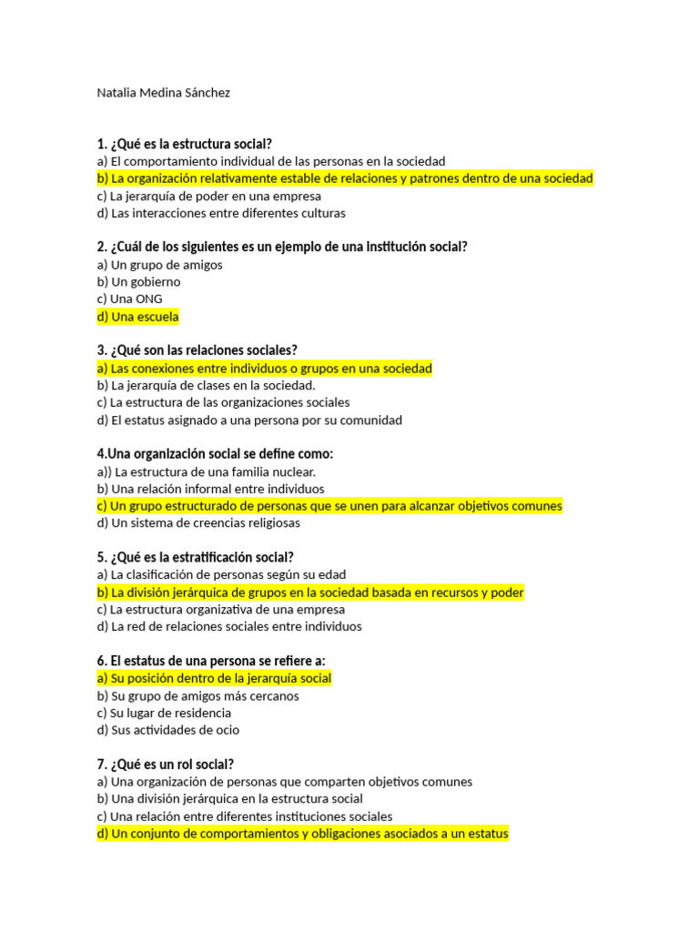 Cuestionario Conceptos Basicos Natalia Medina | PDF | Estatus social | Sociedad
