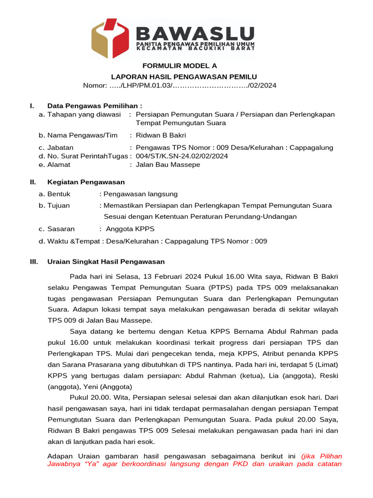Ridwan Bakri Tps 09 13 Februari 2024 - Persiapan Dan Perlengkapan Tps | PDF
