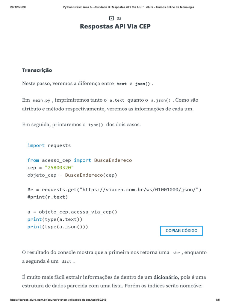 Python Brasil - Aula 5 - Atividade 3 Respostas API Via CEP - Alura ...