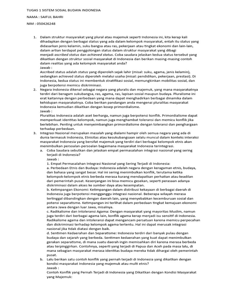 Tugas 1 Sistem Sosial Budaya Indonesia - Saiful Bahri-050426248 | PDF