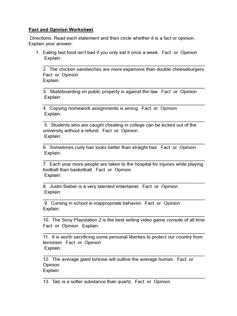 Fact and Opinion Worksheet | PDF