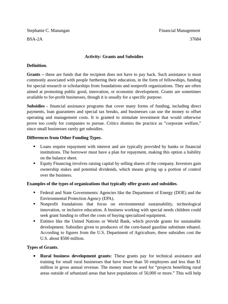 Grants and Subsidies | PDF | Equity (Finance) | Subsidy