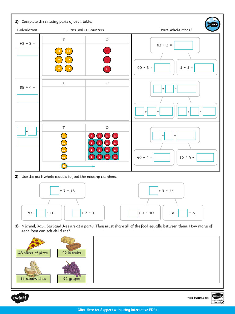 Division and Part-Whole Models Worksheet | PDF