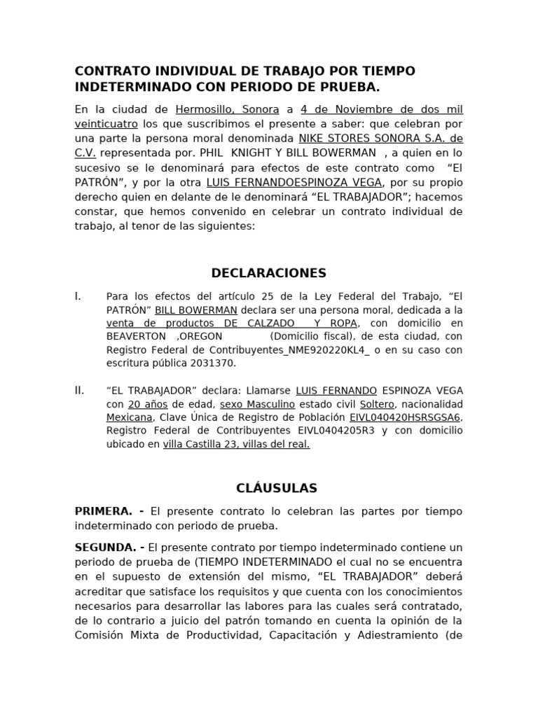 CONTRATO INDIVIDUAL DE TRABAJO POR TIEMPO INDETERMINADO CON PERIODO DE PRUEBA Nike | PDF | Salario