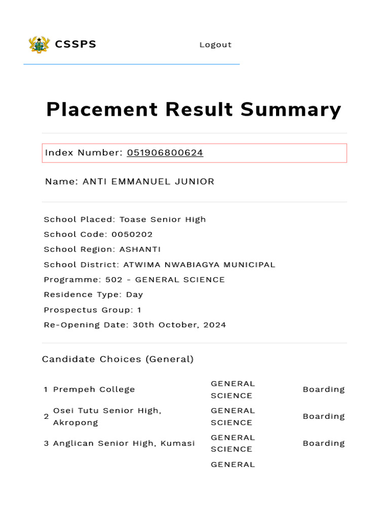 Toase Senior High Placement Summary | PDF | Ghana