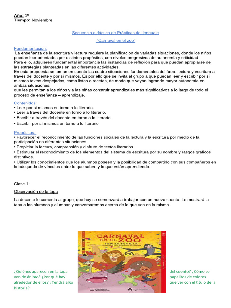 Carnaval en El Zoo, Secuencia | PDF | Enseñando | Escritura