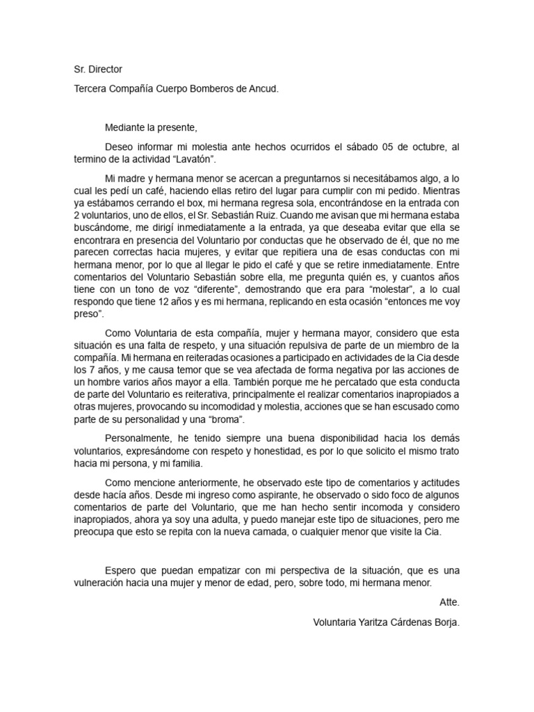 Queja por conducta inapropiada en Cuerpo de Bomberos | PDF