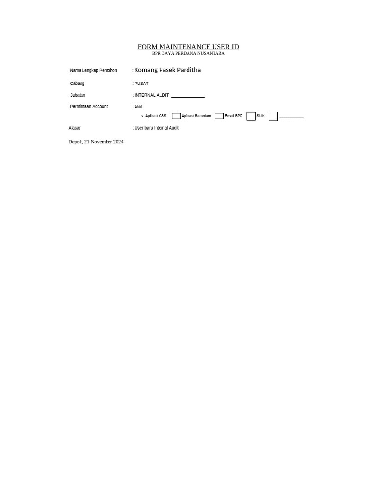 Form Maintenance User Id Komang | PDF