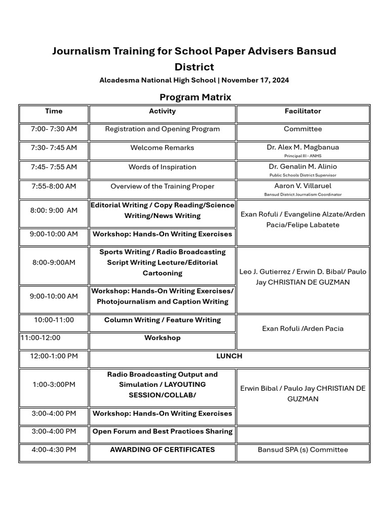 Journalism Training For School Paper Advisers Bansud District 1 | PDF ...