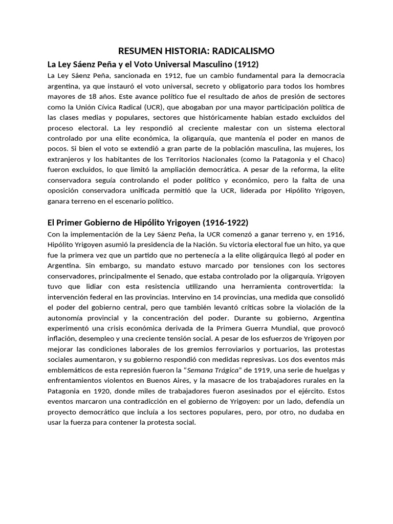 Resumen Historia - Radicalismo | PDF | Argentina