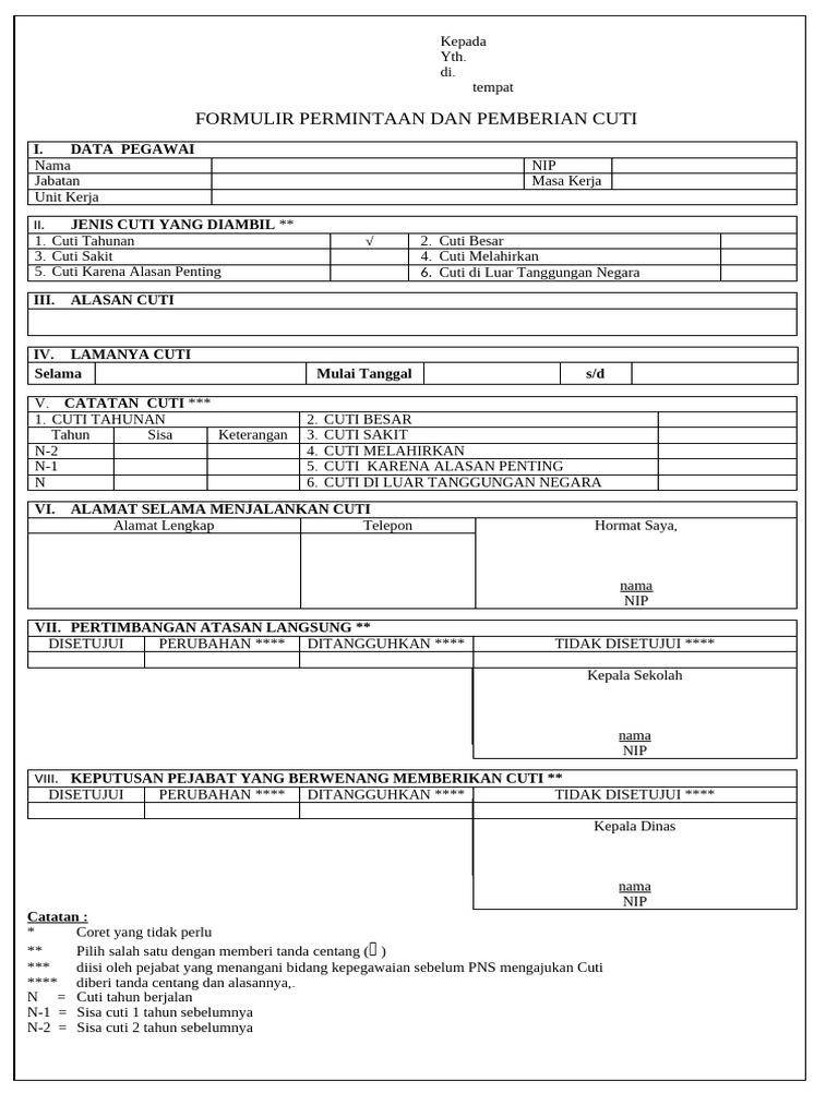 Formulir Cuti Asn Sesuai Perka BKN Nomor 24 Tahun 2017 | PDF