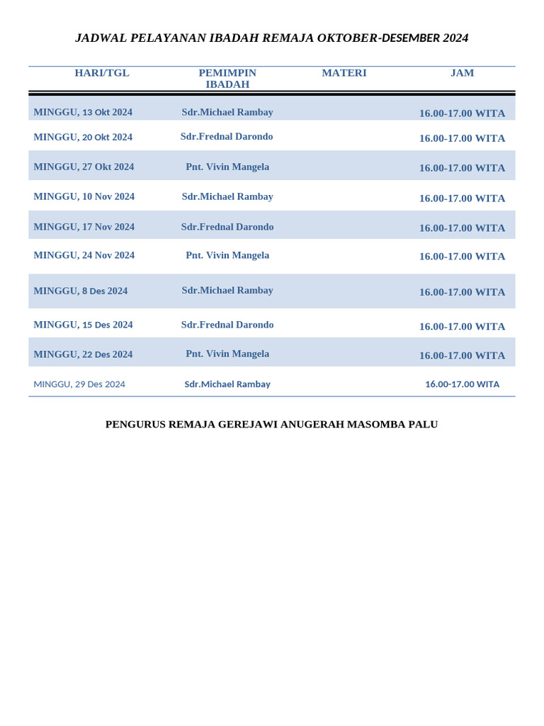 Jadwal Pelayanan Bulan Okt-Des 2024 | PDF | Kajian Bahasa Asing | Griya & Taman