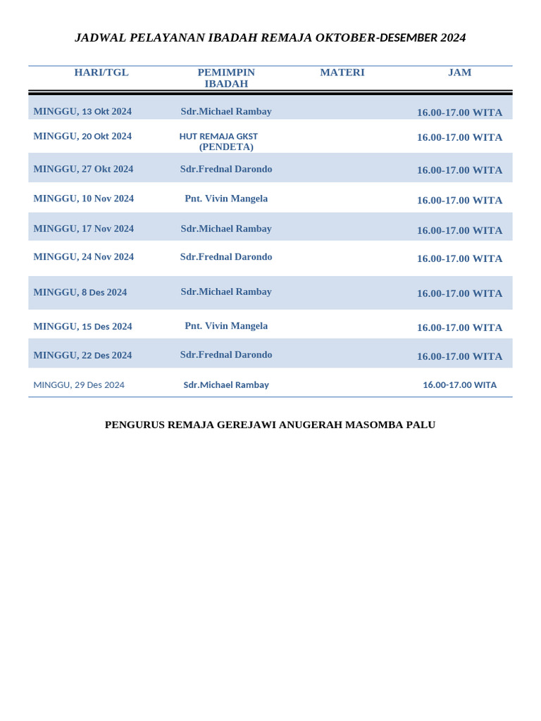 Jadwal Pelayanan Okt-Des 2024 | PDF | Griya & Taman