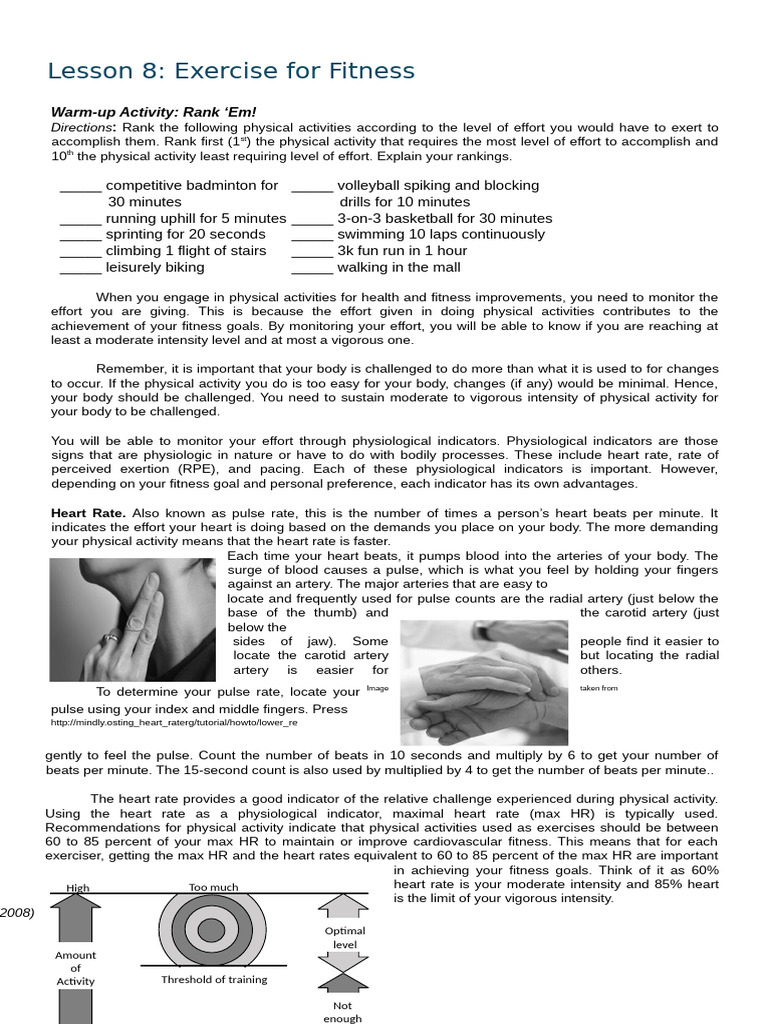 PE and HEALTH 11 Lesson 8 | PDF | Heart Rate | Pulse