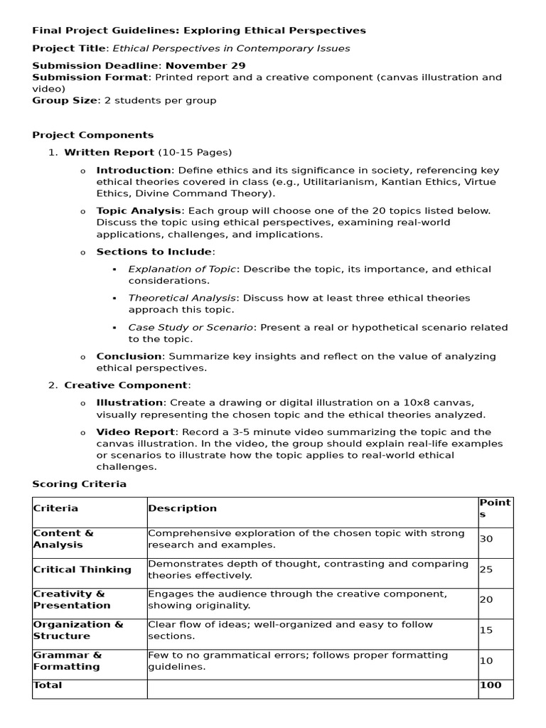 Final Project Guidelines Exploring Ethical Perspectives | PDF | Theory | Thought
