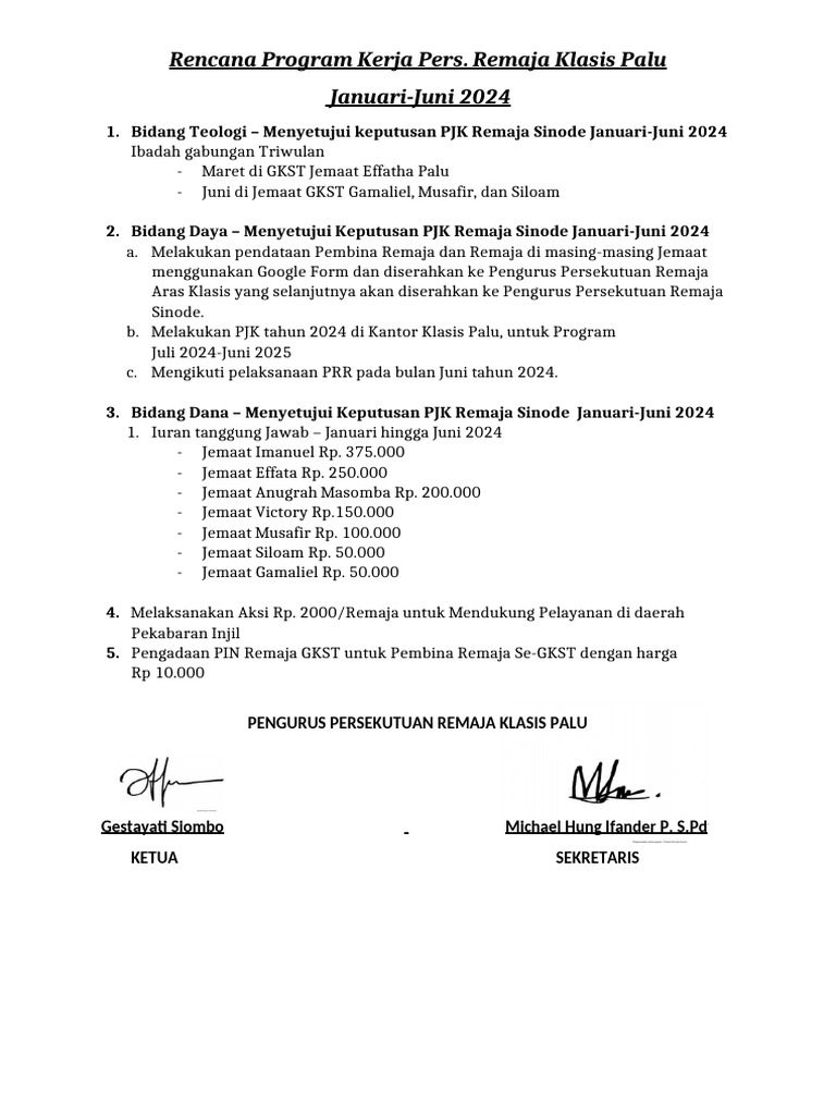 Rencana Program Jan-Jun 2024 Remaja Klasis | PDF