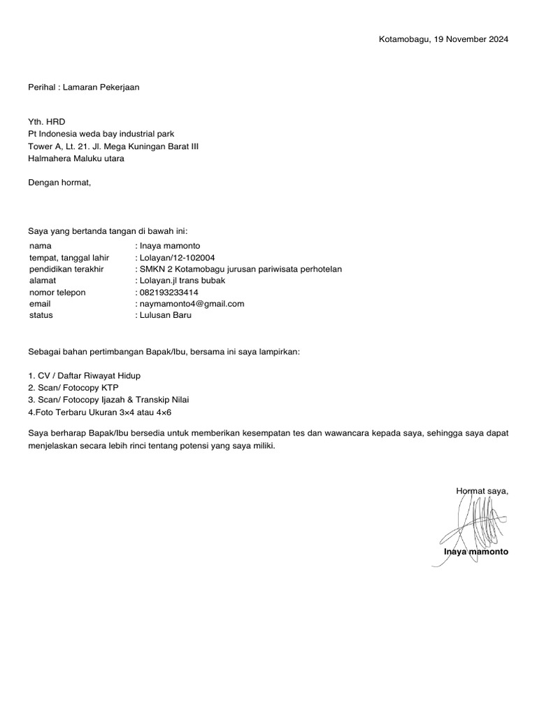 Lamaran Kerja Nay Mamonto PT Weda Bay | PDF