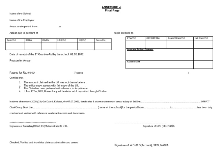 Arrear Claim Annexure I | PDF | Taxation | Payments