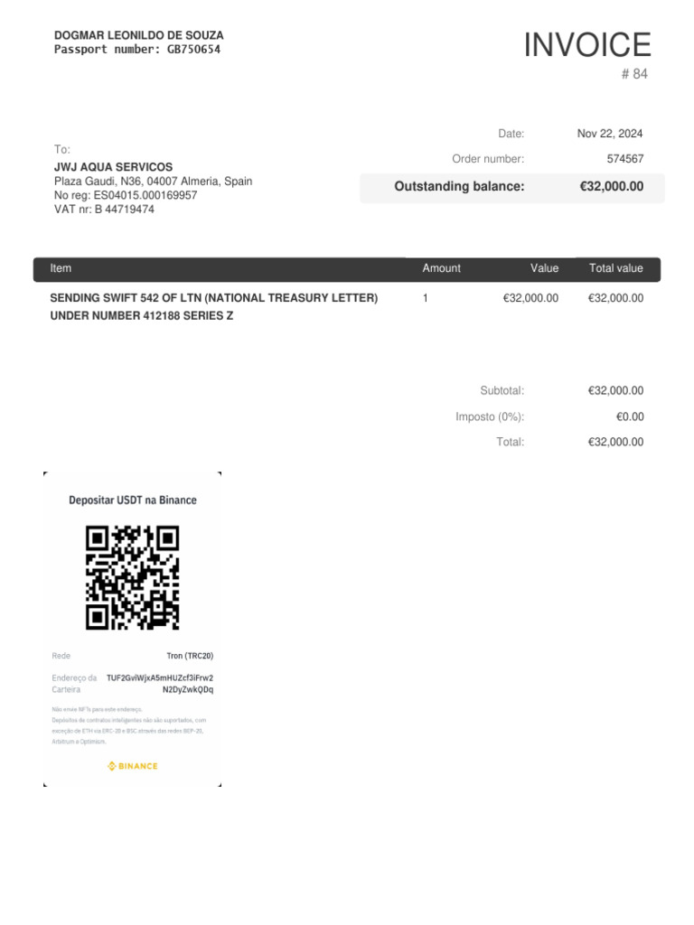 Invoice #84 for JWJ Aqua Serviços | PDF