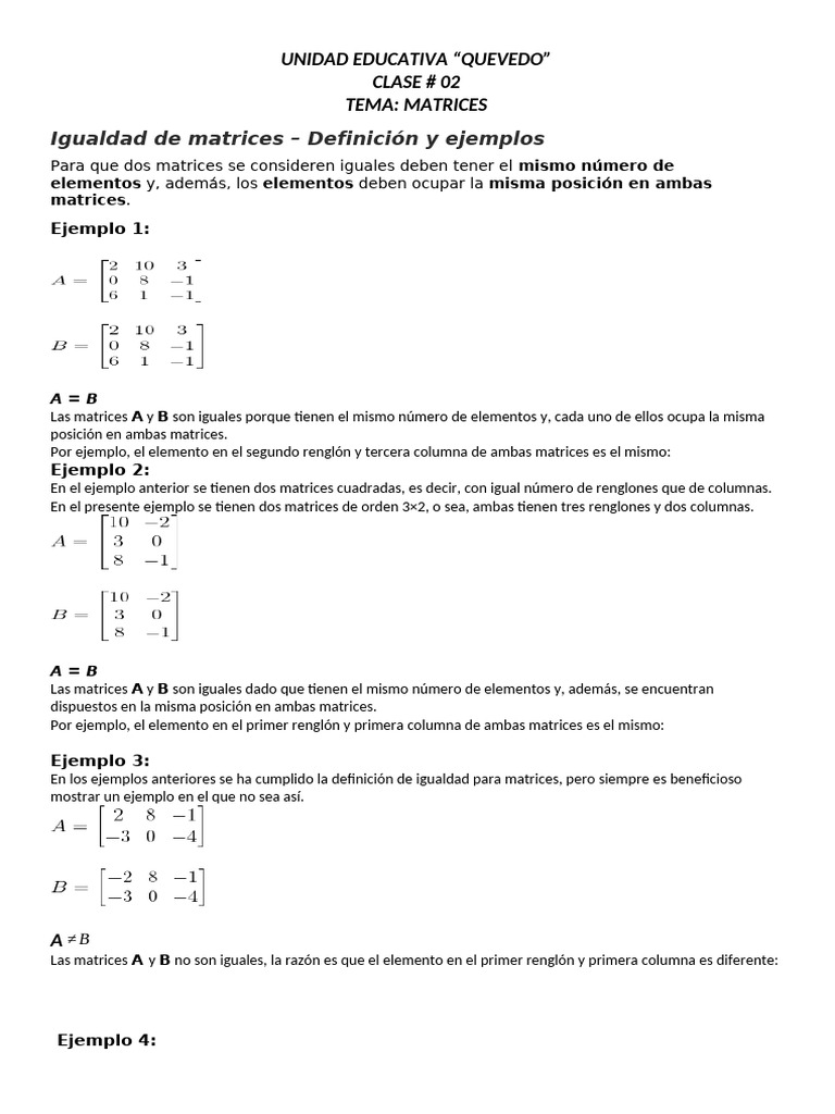 Clase # 2 Igual de Matrices, Suma y Resta | PDF | Matriz (Matemáticas) | Física Matemática