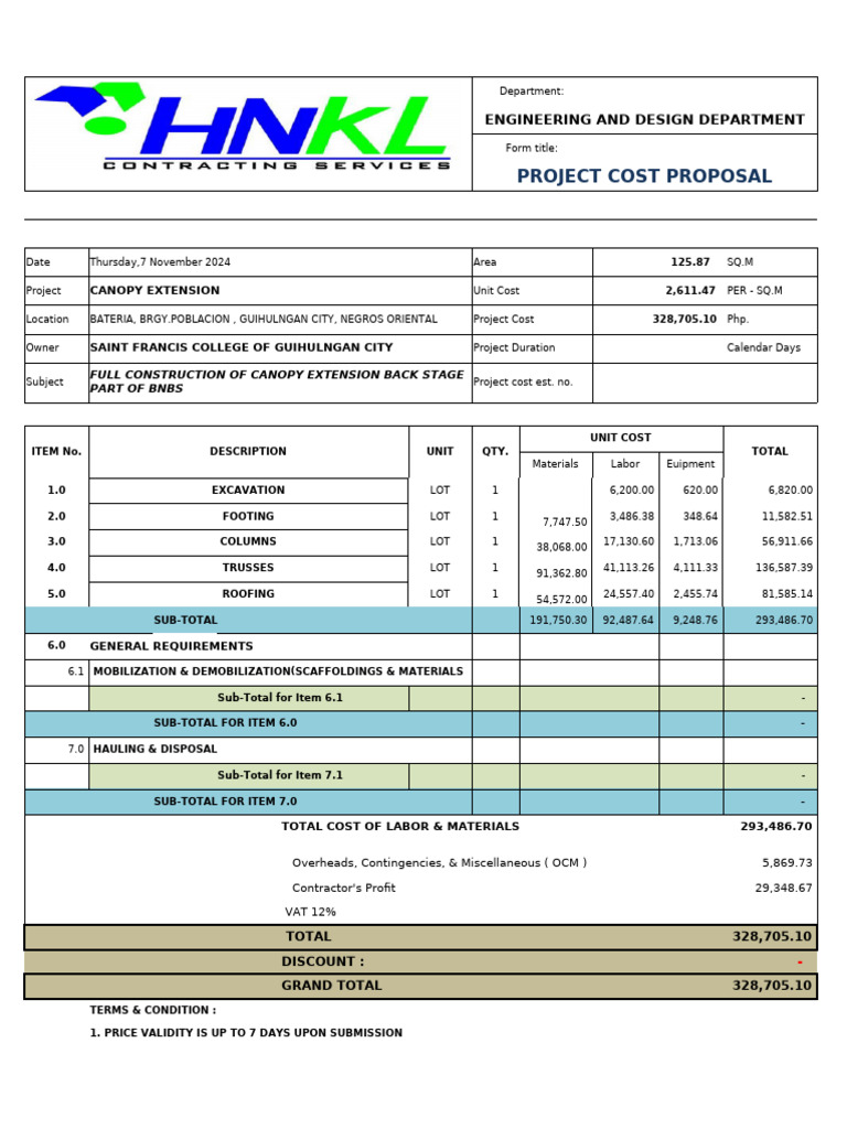 Canopy Extension Costing - Back Stage Part of BNBS | PDF | Construction ...