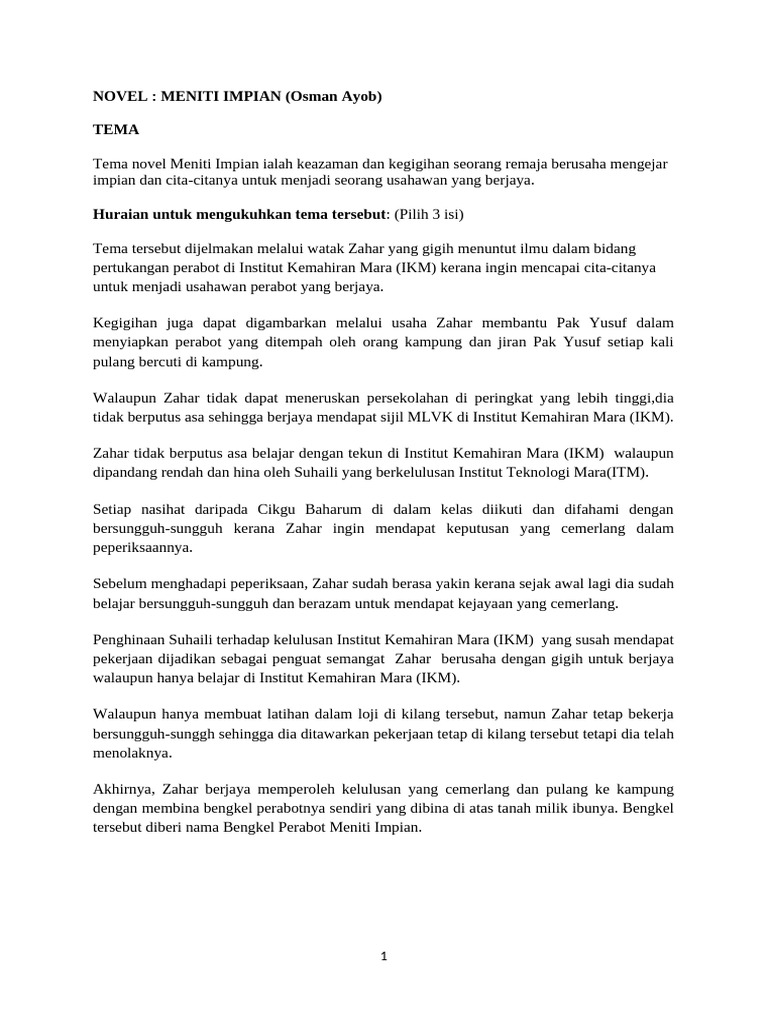 Tema Dan Persoalan Novel Meniti Impian | PDF