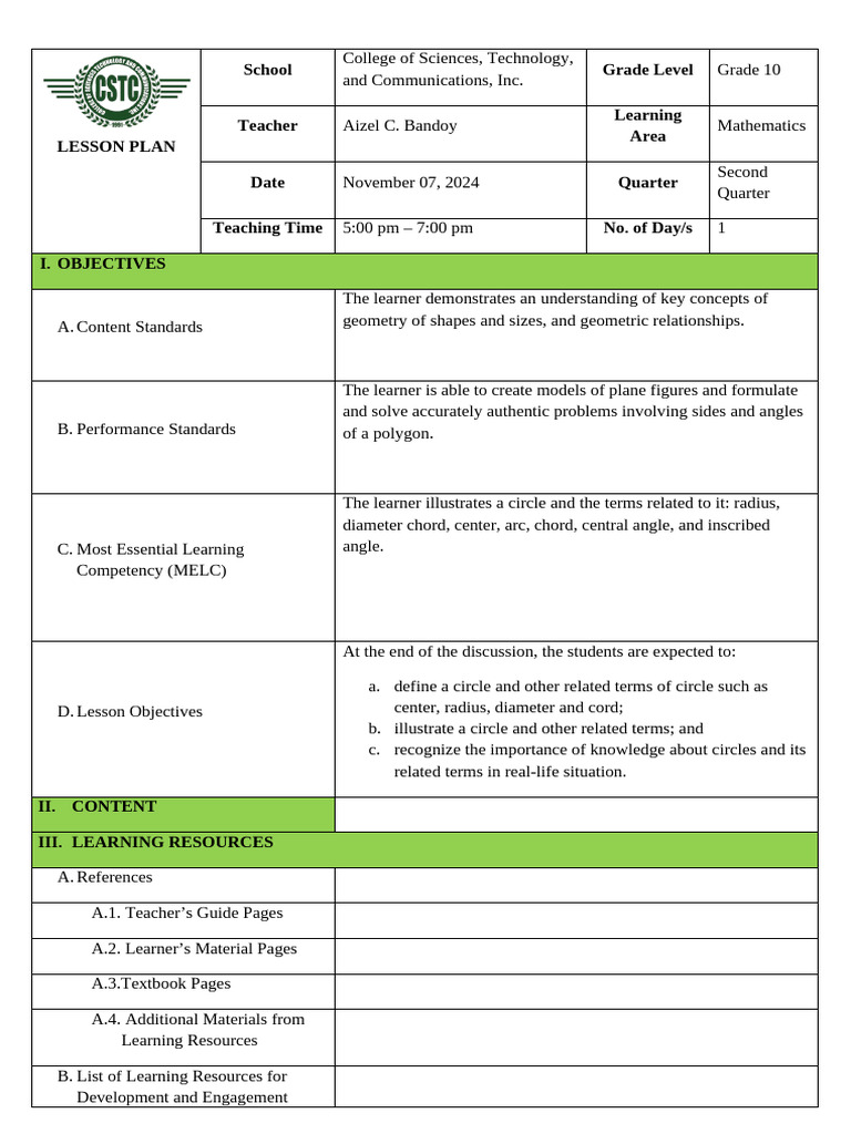 Bandoy Lesson Plan Template - English Math Bped | PDF | Circle | Angle