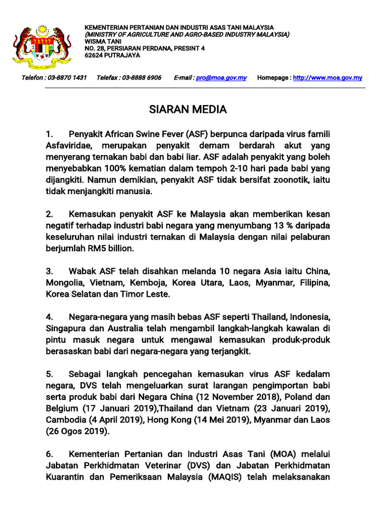 Siaran Media Penyakit African Swine Fever YB Sim Tze Tzin | PDF