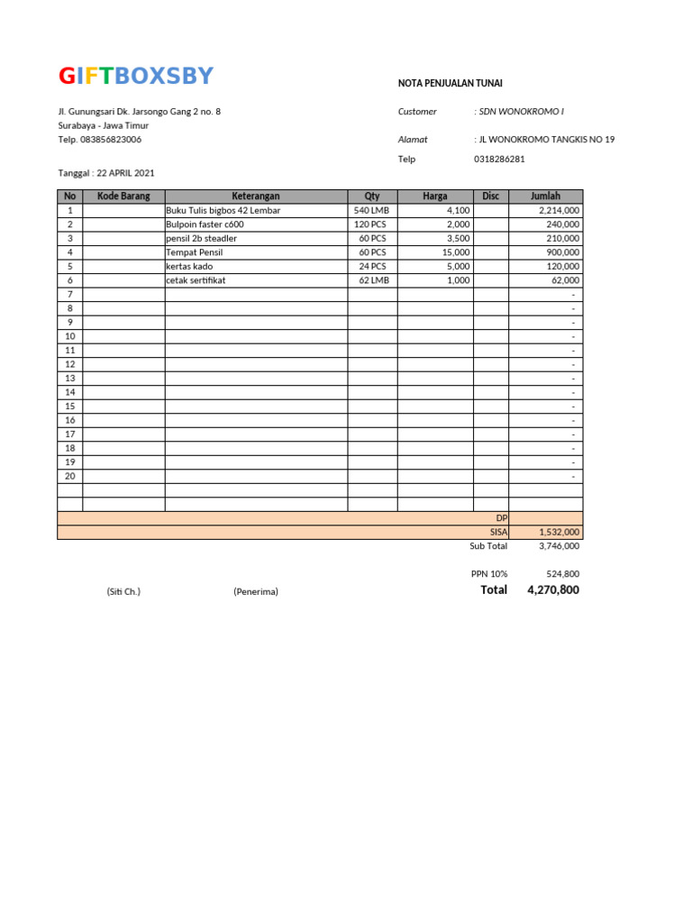 Contoh Faktur Penjualan Tunai | PDF
