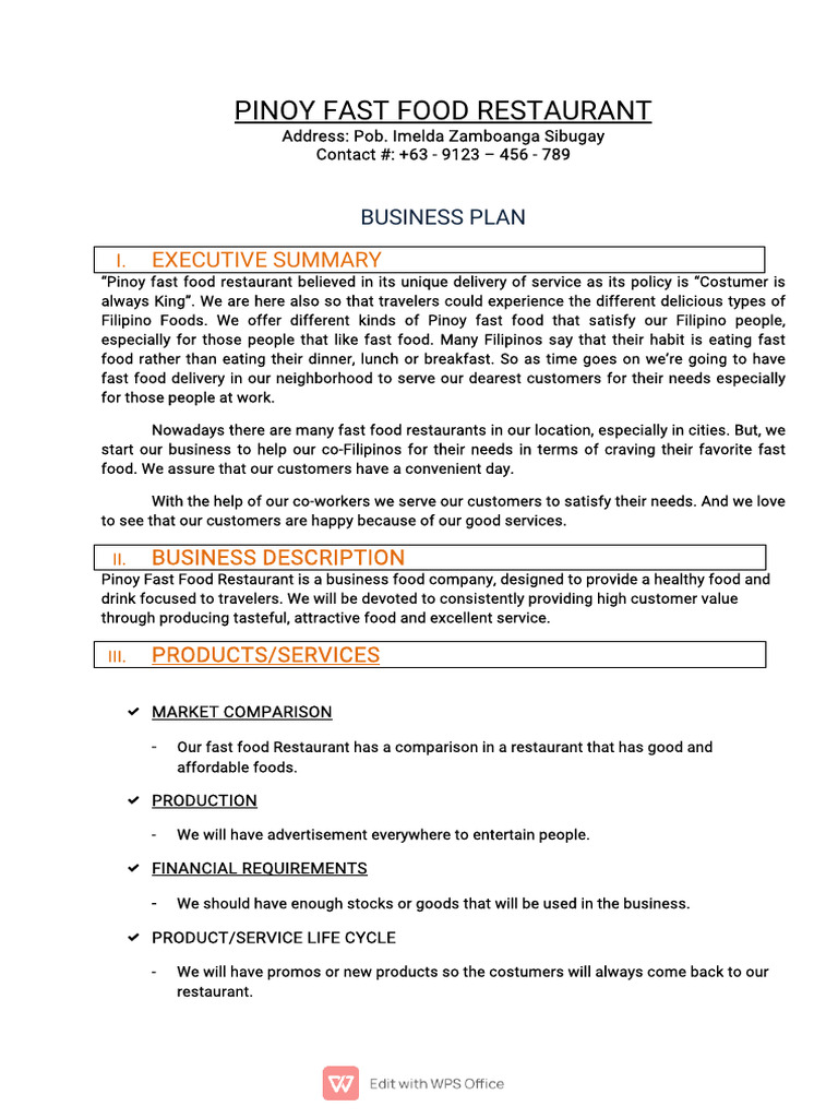Pinoy Fast Food Restaurant Business Plan | PDF | Restaurants