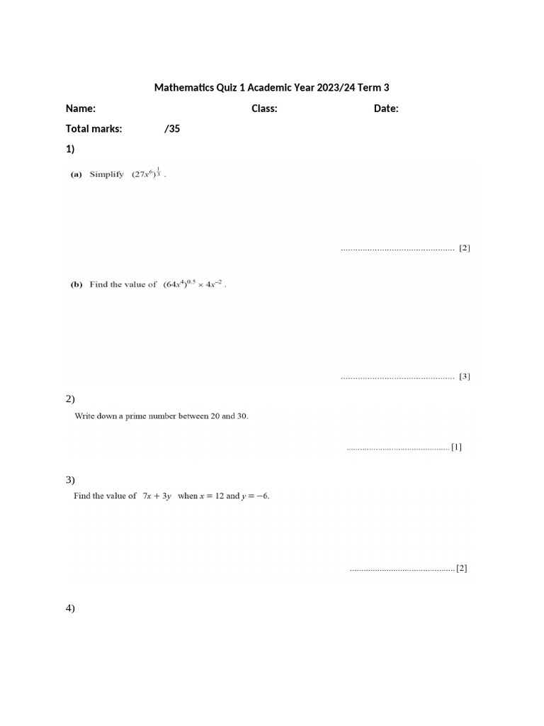 Quiz 1 Pre 10 Maths | PDF | Teaching Methods & Materials