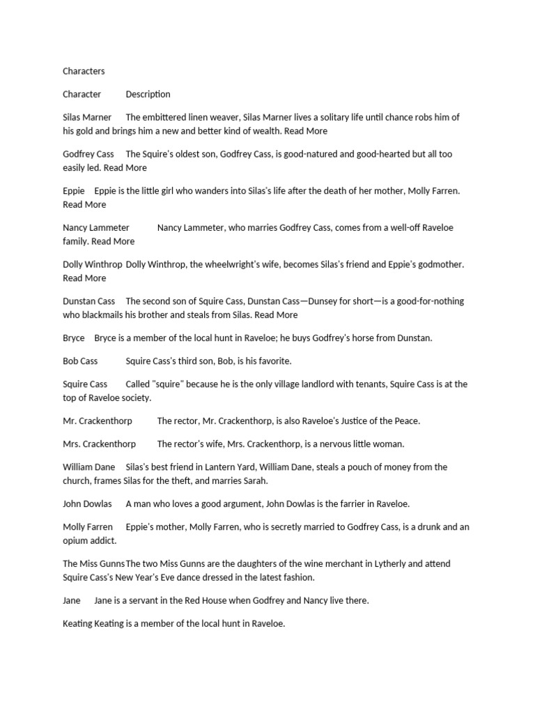 Silas Marner Character Overview | PDF | Silas Marner