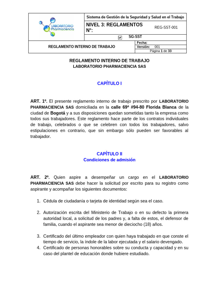 REG-SST-001 Reglamento Interno de Trabajo | PDF | Salario | Derecho laboral