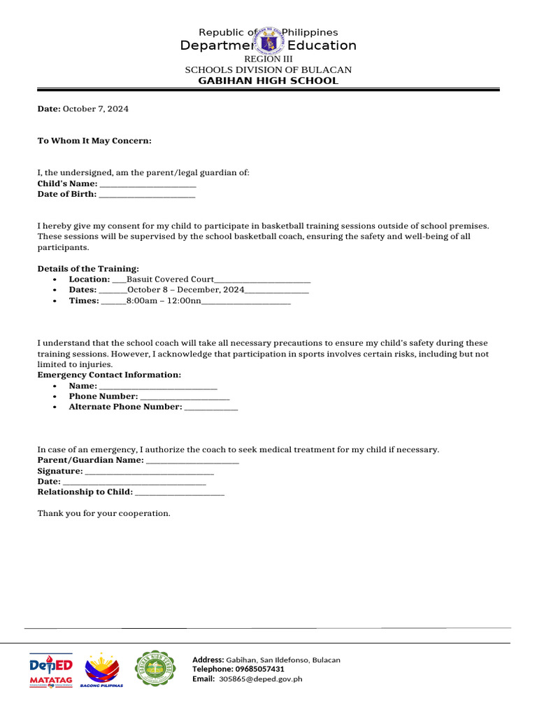 Basketball Training Consent Form | PDF | Finance & Money Management