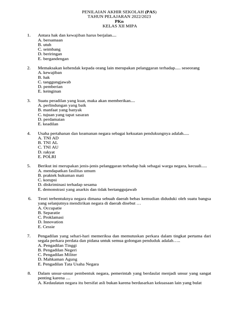 Soal PKN - Xii Pas TP 22 - 23 | PDF | Ilmu Sosial