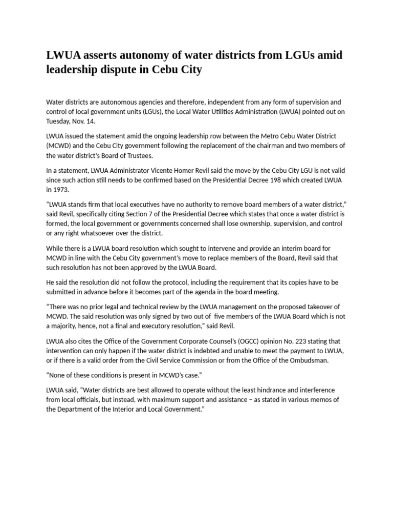 LWUA Defends Water District Autonomy | PDF