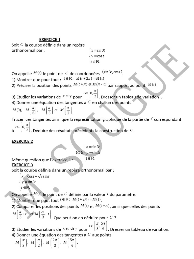 Exercices sur les courbes paramétrées | PDF | Méthodes et références ...