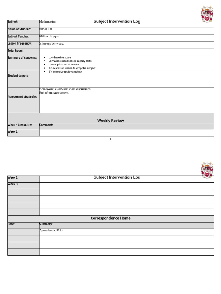 Subject Teacher Intervention Simon | PDF