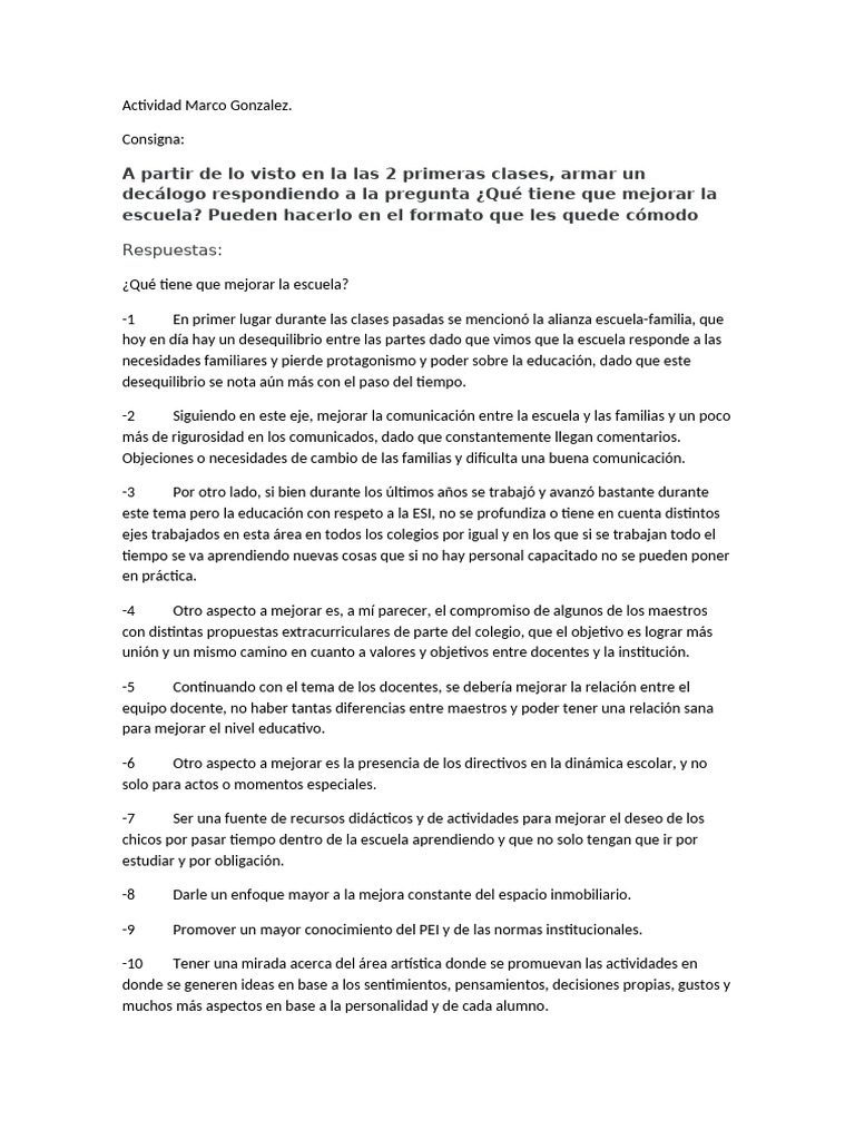 Actividad Marco Gonzalez Que Tiene Que Mejorar La Esucuela | PDF ...
