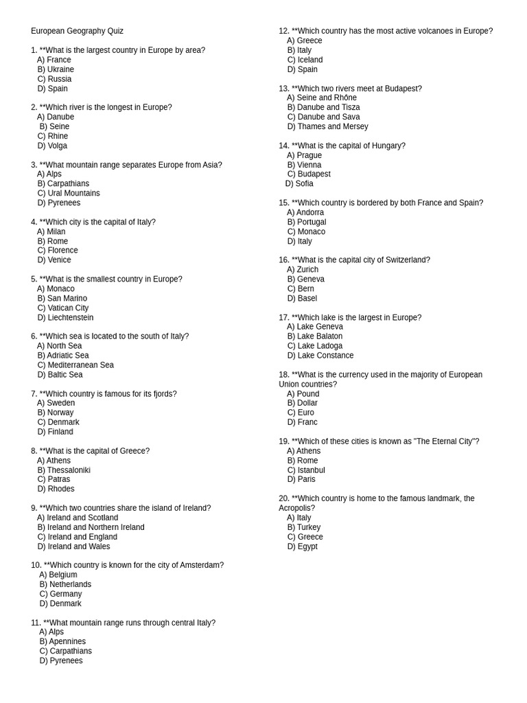 European Geography Quiz | PDF | Europe | Danube European Geography Quiz | PDF | Europe | Danube