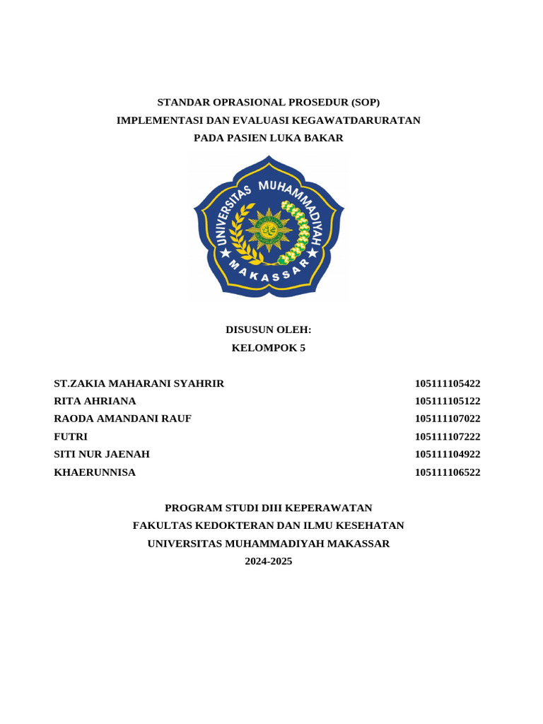 SOP IMPLEMENTASI DAN EVALUASI KEGAWATDARURATAN - Kelompok V (Lima) - KMB II | PDF | Kesehatan ...