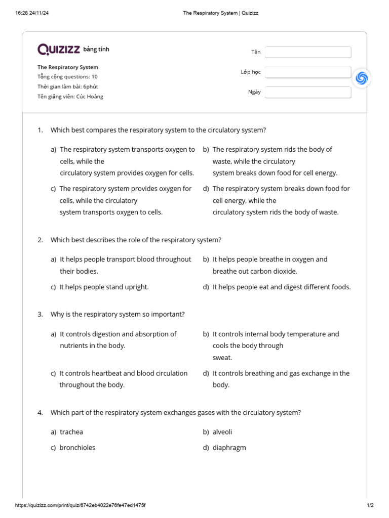 The Respiratory System - Quizizz | PDF | Respiratory System | Breathing
