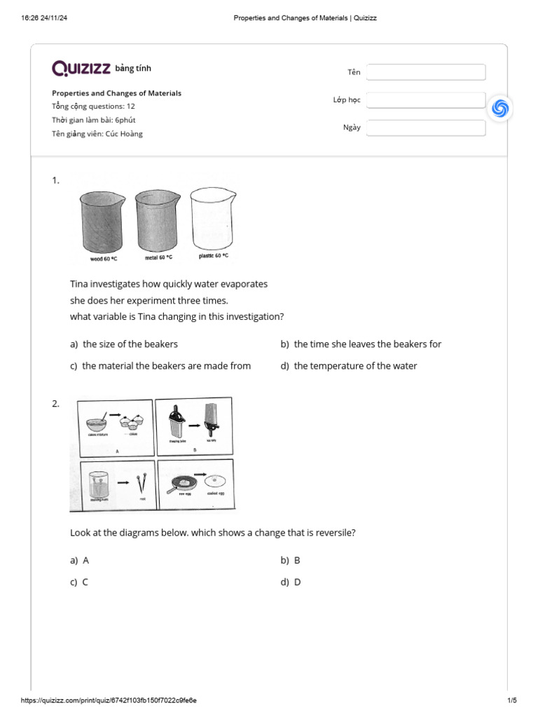 Properties and Changes of Materials Quiz | PDF | Candle | Materials