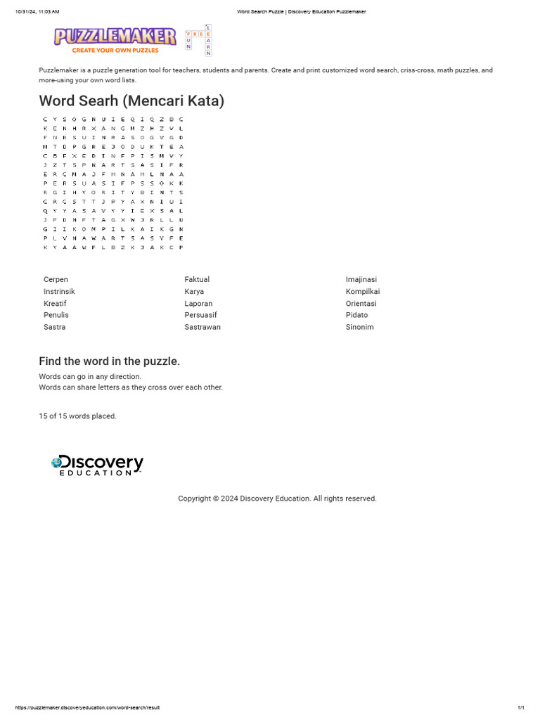 Word Search Puzzle - Discovery Education Puzzlemaker | PDF